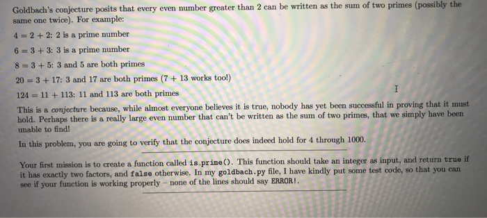 Solved (possibly the Goldbach's conjecture posits that every | Chegg.com