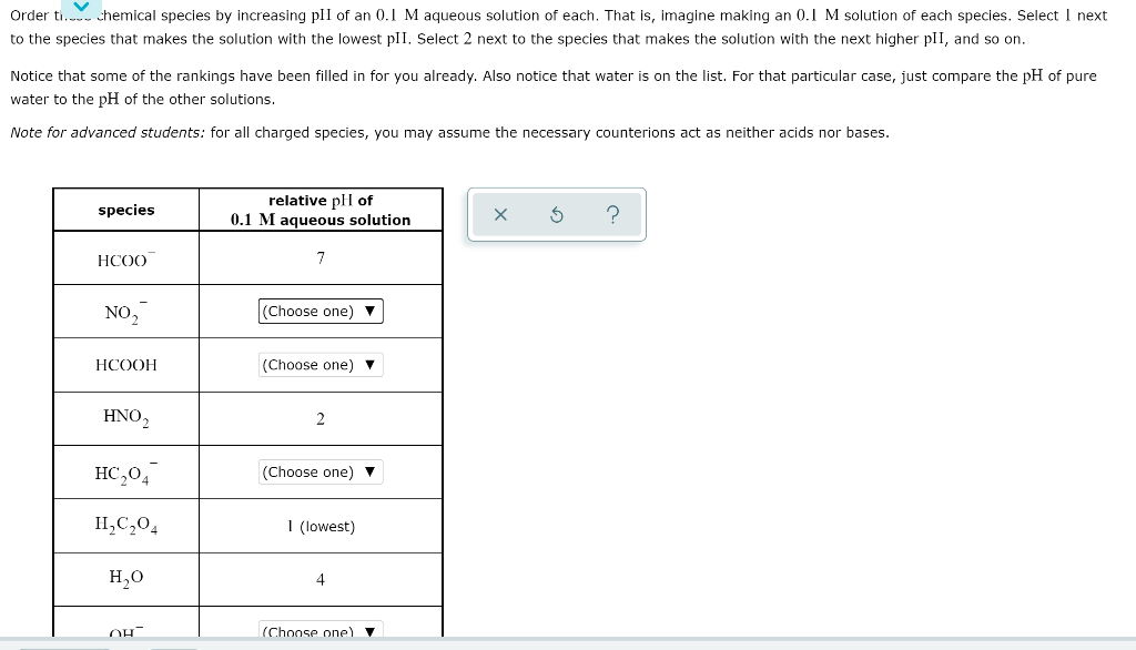 Solved Order ti... chemical species by increasing pll of an | Chegg.com