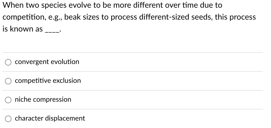Solved When two species evolve to be more different over | Chegg.com