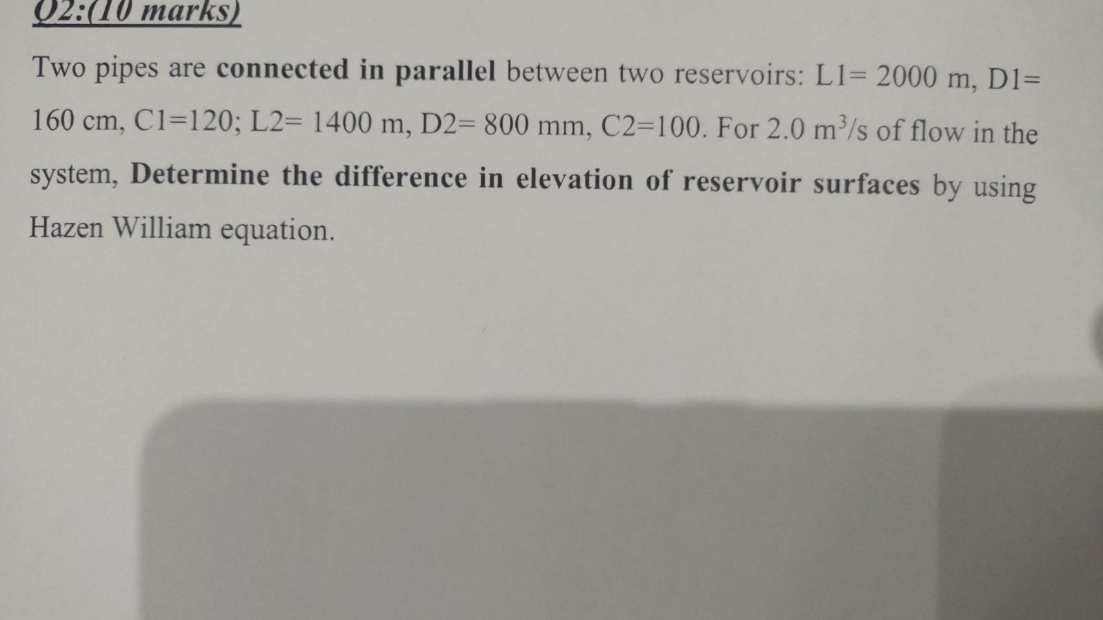 Solved Q2:10 marks) Two pipes are connected in parallel | Chegg.com
