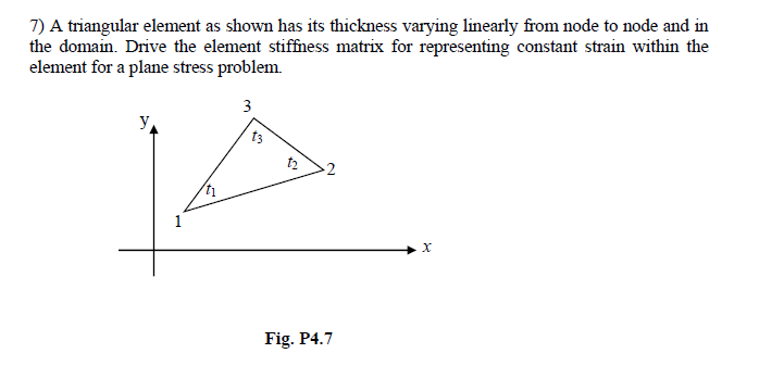Solved 7) A triangular element as shown has its thickness | Chegg.com