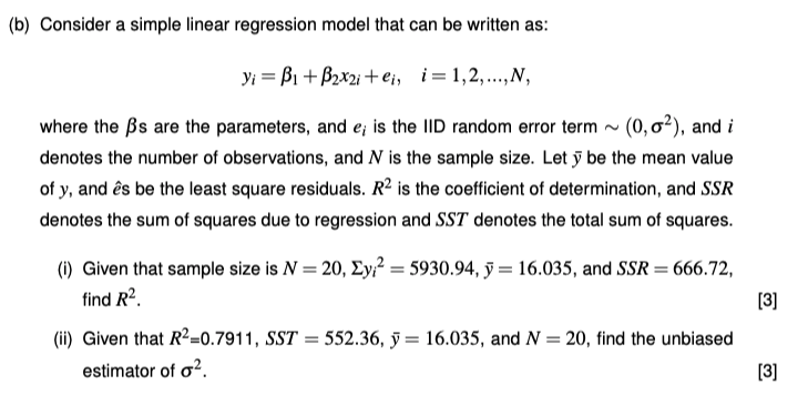 Solved (b) Consider a simple linear regression model that | Chegg.com