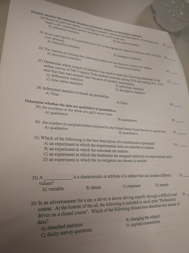 Solved Identify whether the statement describes inferential | Chegg.com