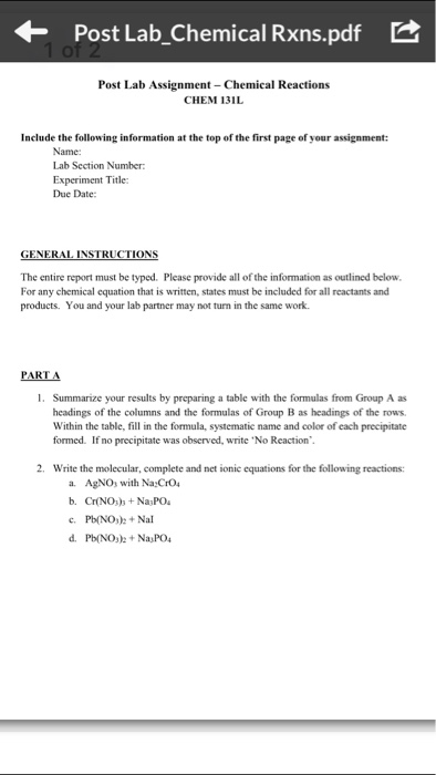 Solved Post Lab Chemical Rxns pdf Post Lab Assignment | Chegg.com
