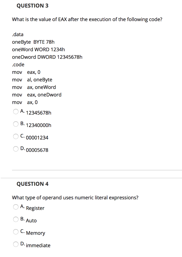Solved QUESTION 3 What is the value of EAX after the | Chegg.com