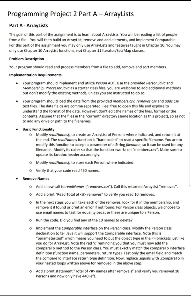 Programming Project 2 Part A - ArrayLists Part A - | Chegg.com