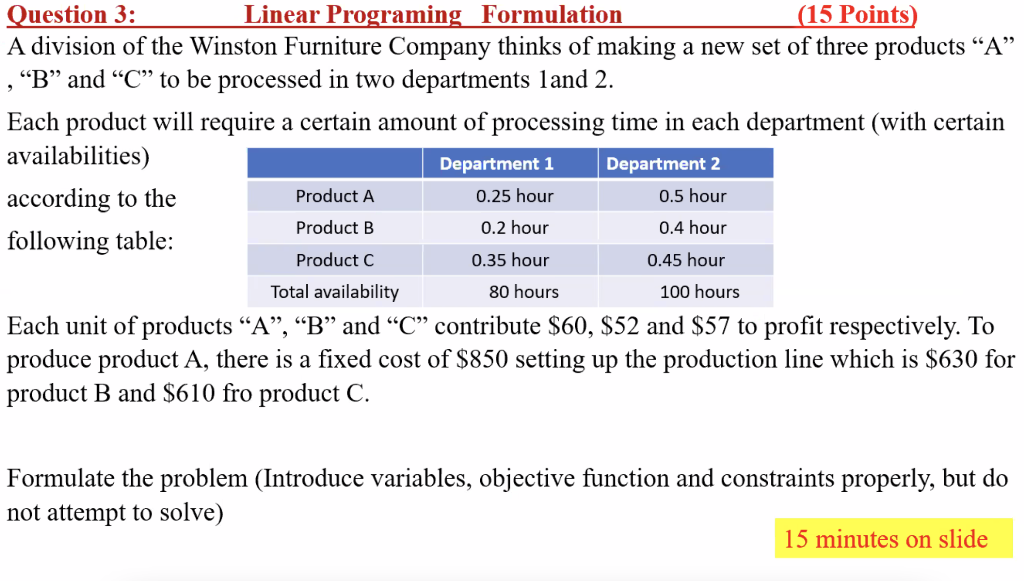 Solved Question 3: Linear Programing Formulation (15 Points) | Chegg.com