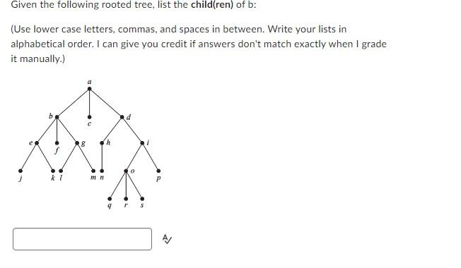 Solved Given the following rooted tree, list the child(ren) | Chegg.com