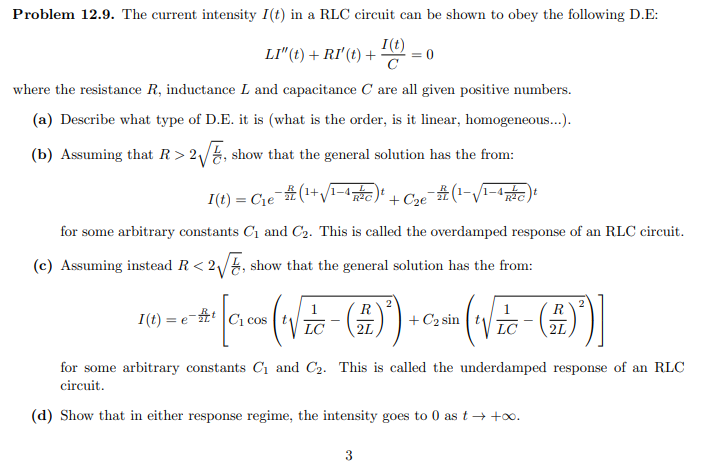 Solved Problem 12.9. The current intensity I(t) in a RLC | Chegg.com