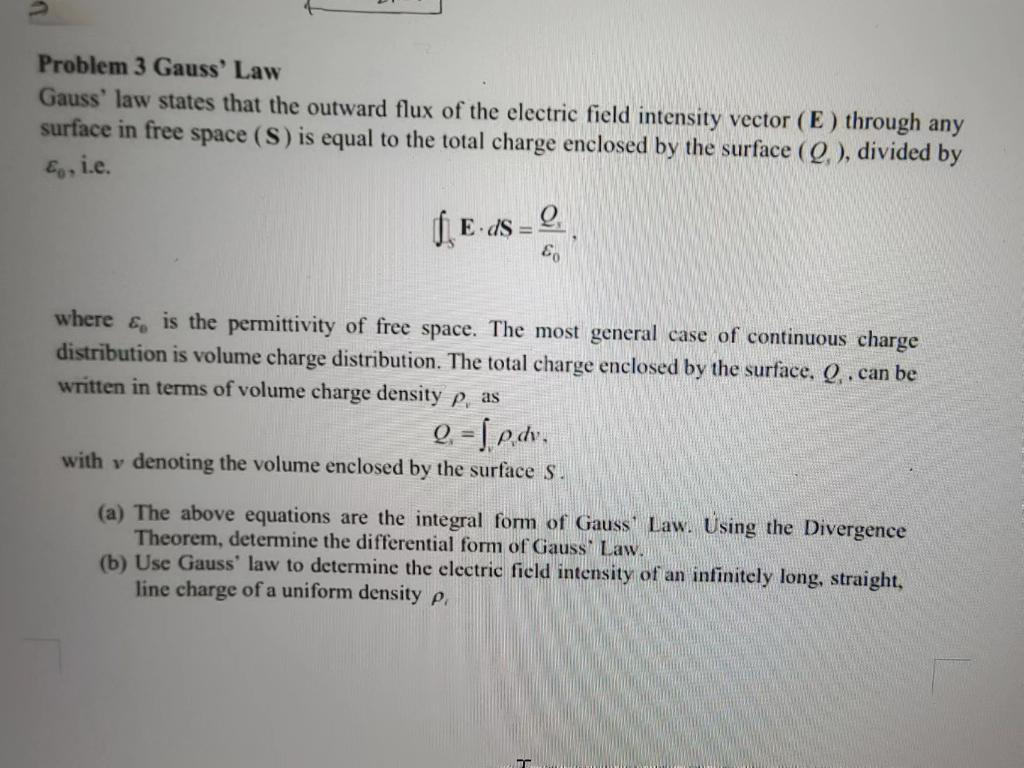 Solved Problem 3 Gauss' Law Gauss' law states that the | Chegg.com