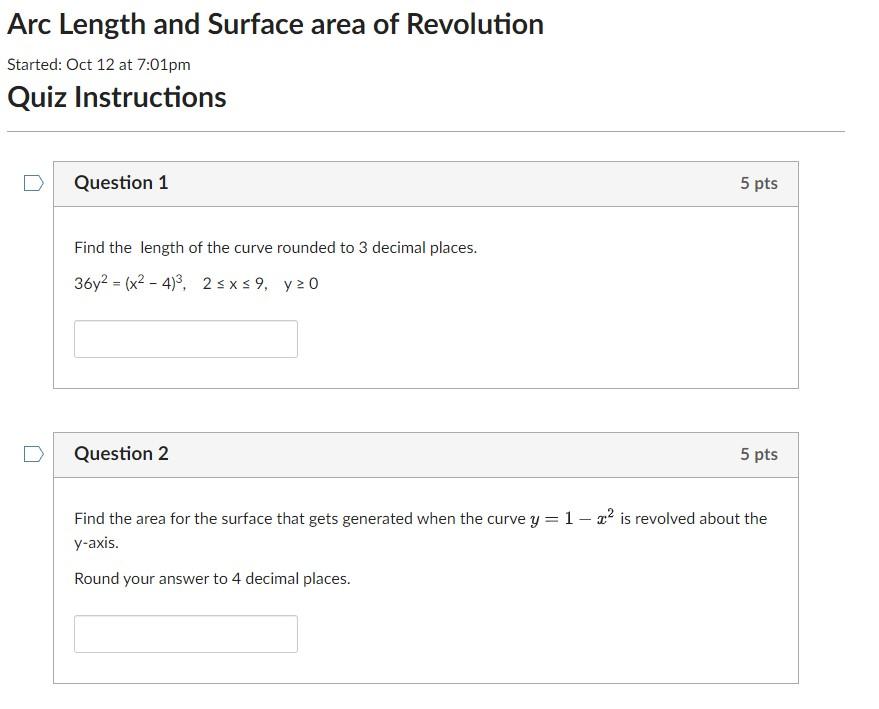 Solved Arc Length and Surface area of Revolution Started: | Chegg.com