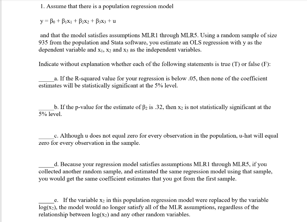 Solved 1. Assume that there is a population regression model | Chegg.com
