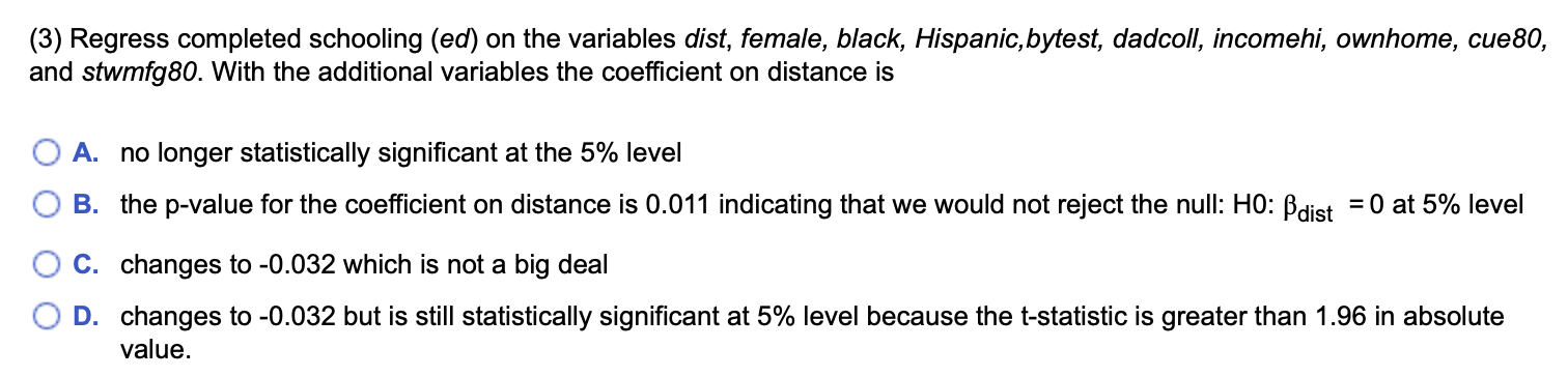 Solved Using the Excel data set, College Distance, described | Chegg.com