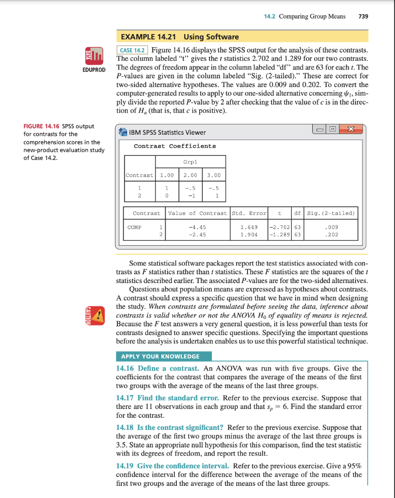14.2 Comparing Group Means 739 EDUPROD EXAMPLE 14.21 | Chegg.com