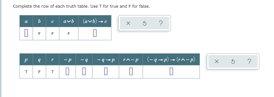 Solved Complete the row of each truth table. Use T for true | Chegg.com