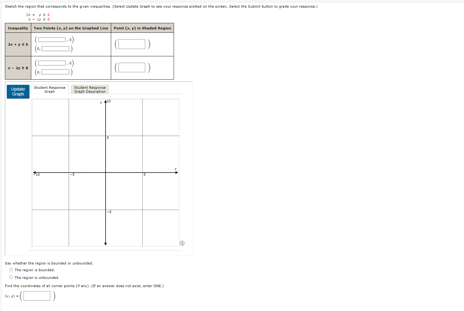 Solved 2x+y≤6x-2y≥8\table[[Inequality,Two Points (x,y) ﻿on | Chegg.com