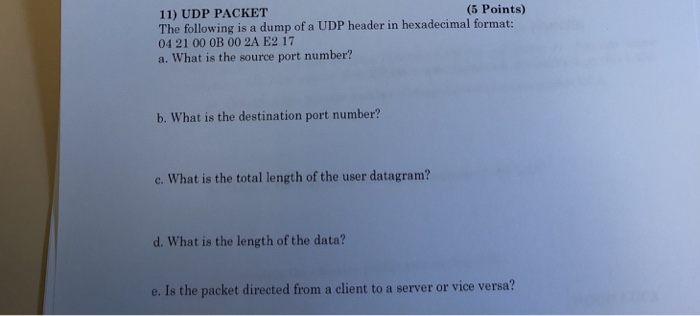 Solved (5 Points) 11) UDP PACKET The following is a dump of | Chegg.com