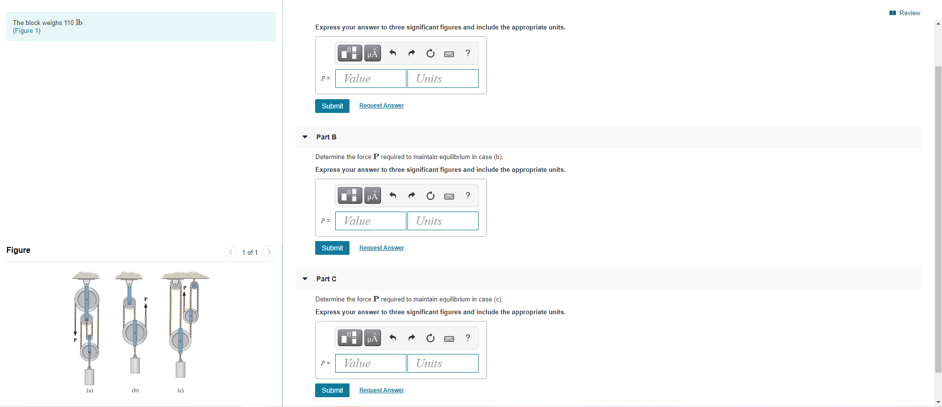 Solved Review The block weighs 110 lb (Figure 1) Express | Chegg.com