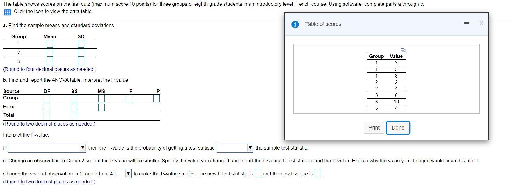 Solved The table shows scores on the first quiz (maximum | Chegg.com
