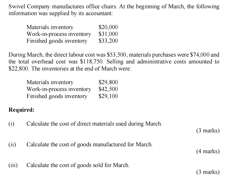 Solved Swivel Company manufactures office chairs. At the | Chegg.com