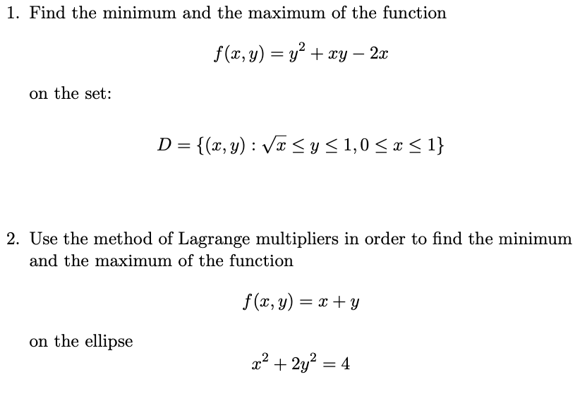 Solved 1. Find the minimum and the maximum of the function | Chegg.com