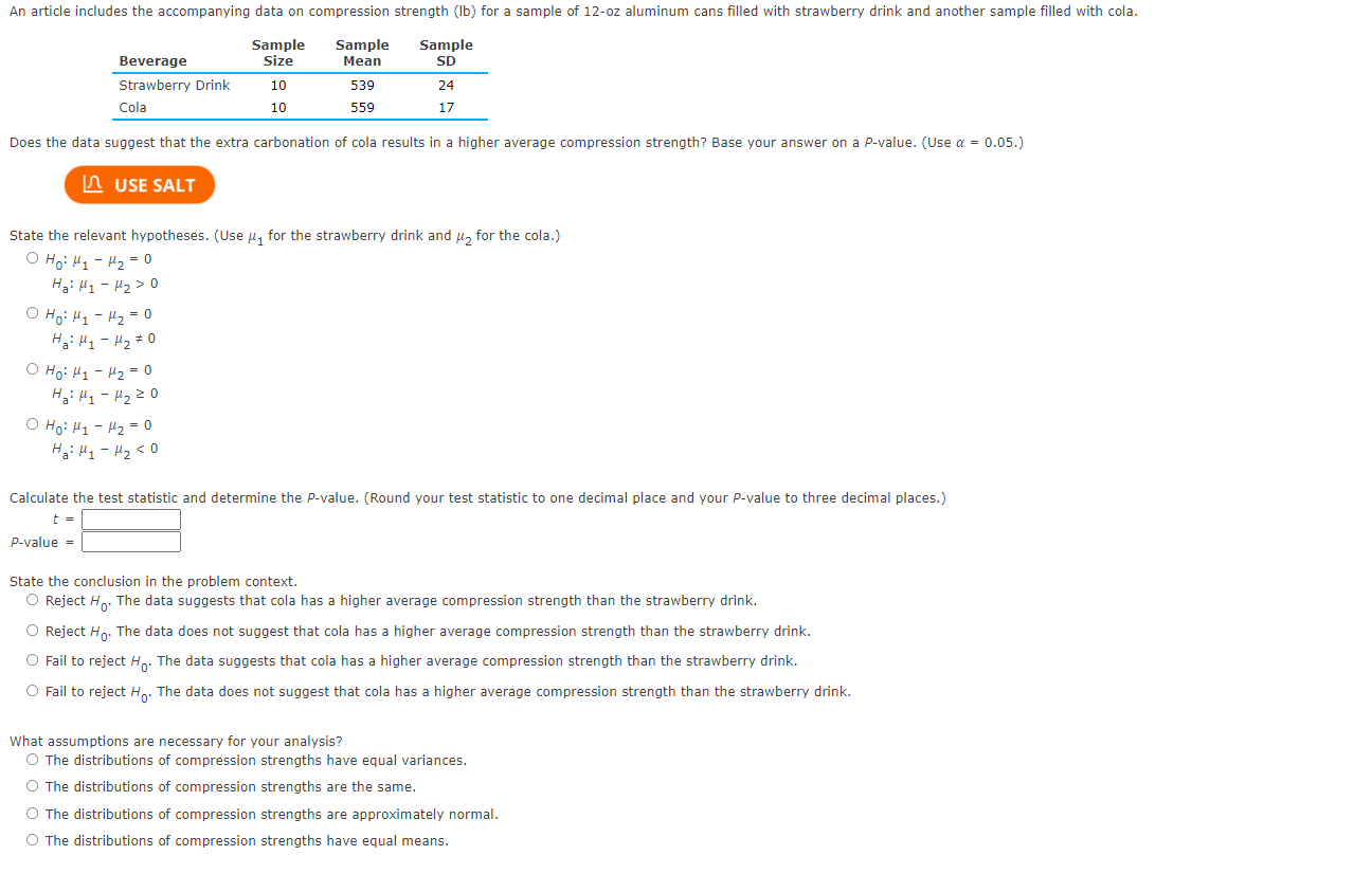 Solved An article includes the accompanying data on | Chegg.com