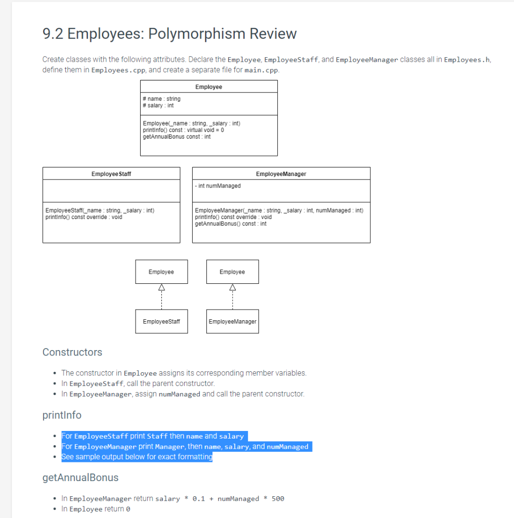 Solved 9.2 Employees: Polymorphism Review Create classes | Chegg.com