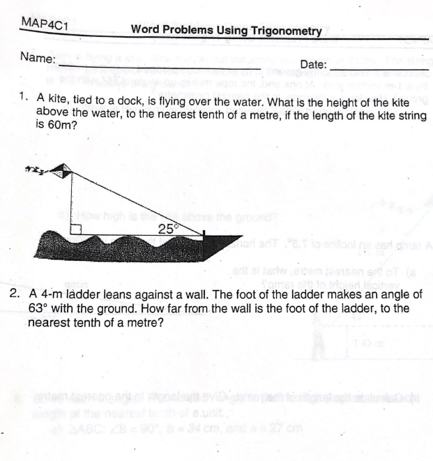 Solved MAP4C1 Word Problems Using Trigonometry Name: Date: | Chegg.com