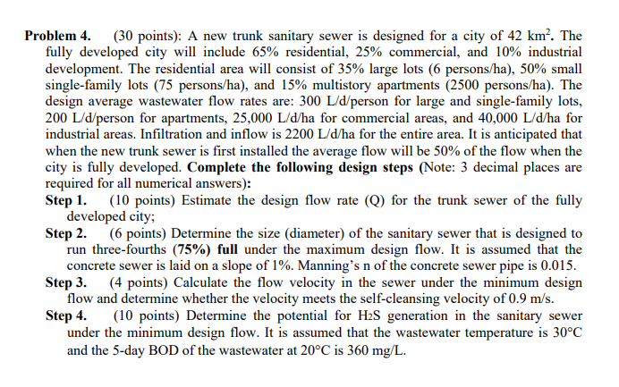 Solved Problem 4. (30 points): A new trunk sanitary sewer is | Chegg.com