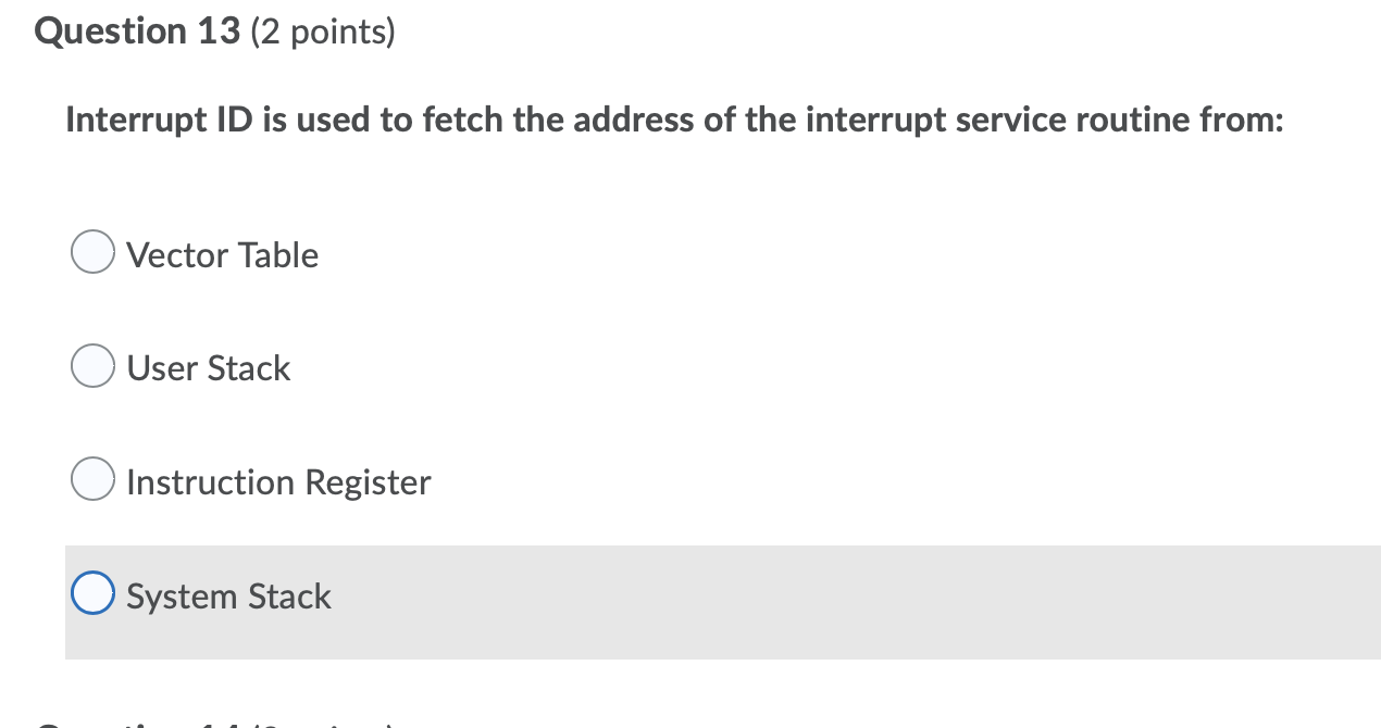 Solved Question 13 (2 points) Interrupt ID is used to fetch | Chegg.com