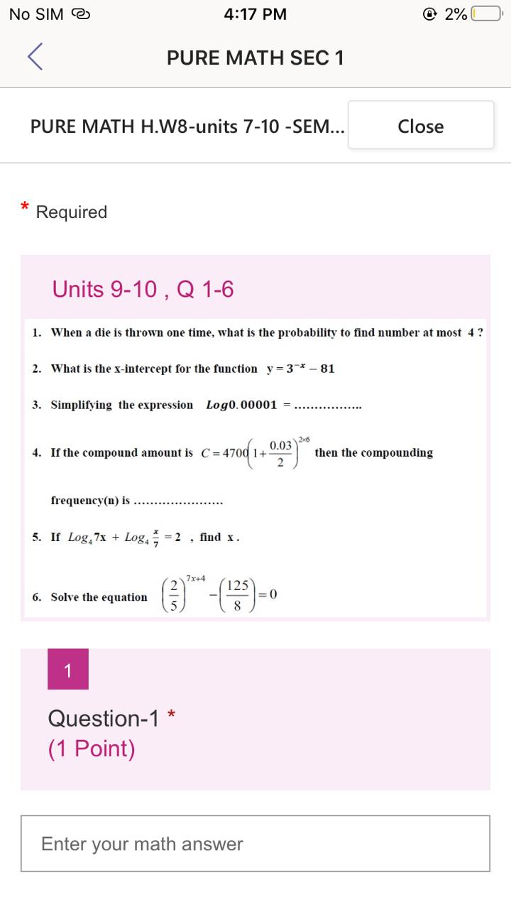 Solved NO SIM @ 4:17 PM © 2% PURE MATH SEC 1 PURE MATH | Chegg.com