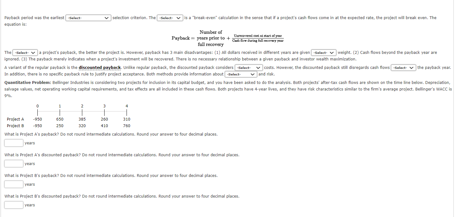 Payback period was the earliest equation is: | Chegg.com
