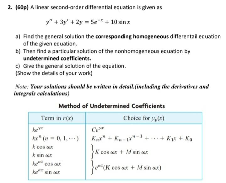 Solved 2. (60p) A linear second-order differential equation | Chegg.com