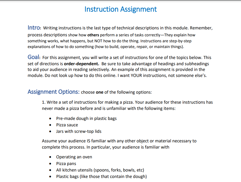 Solved Instruction Assignment Intro: Writing instructions is | Chegg.com