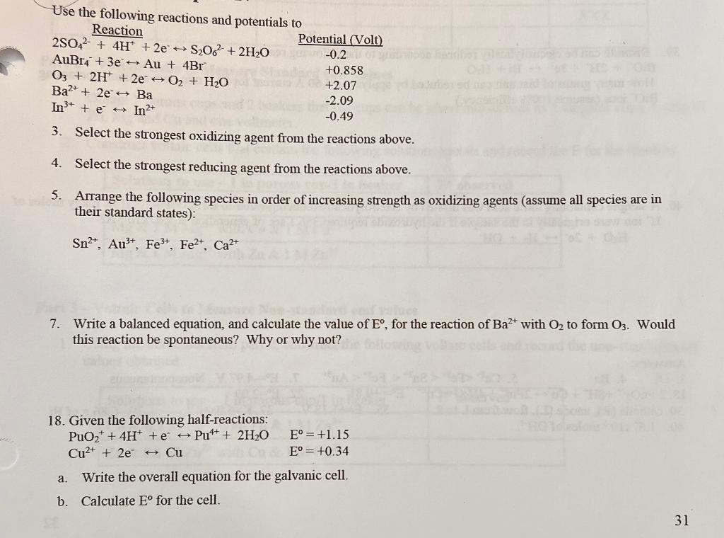 Solved Use the following reactions and potentials to 3. | Chegg.com