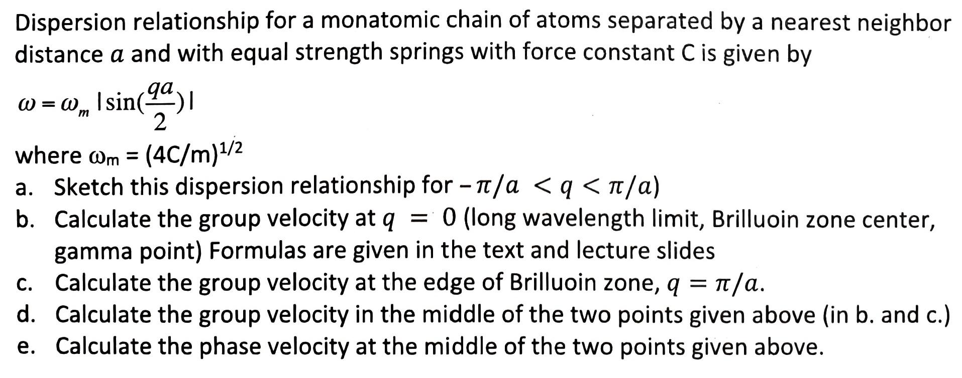 Solved Dispersion relationship for a monatomic chain of | Chegg.com