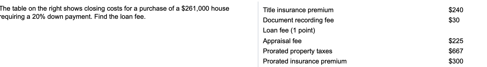 Solved The table on the right shows closing costs for a | Chegg.com