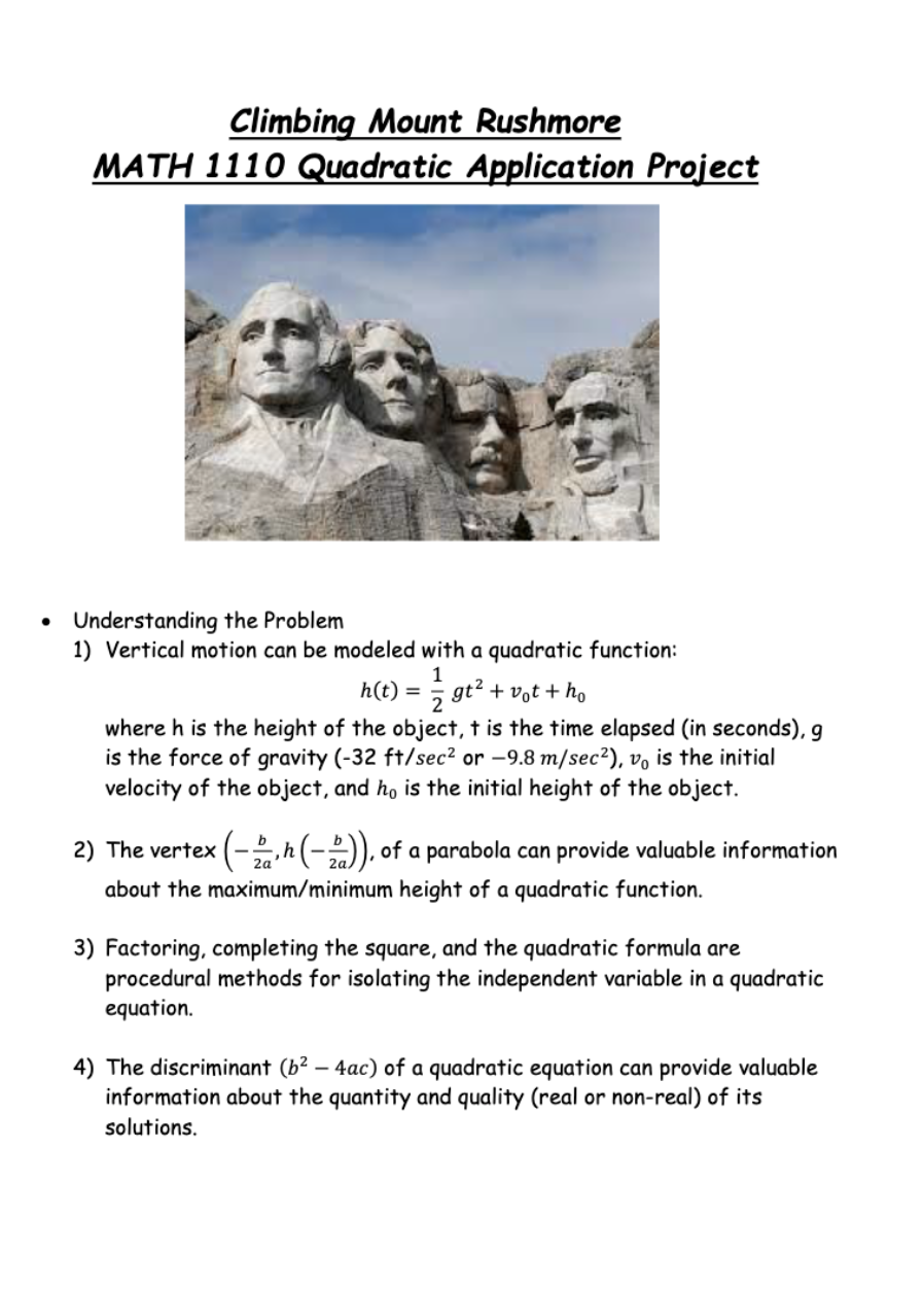 Solved Climbing Mount Rushmore MATH 1110 Quadratic | Chegg.com