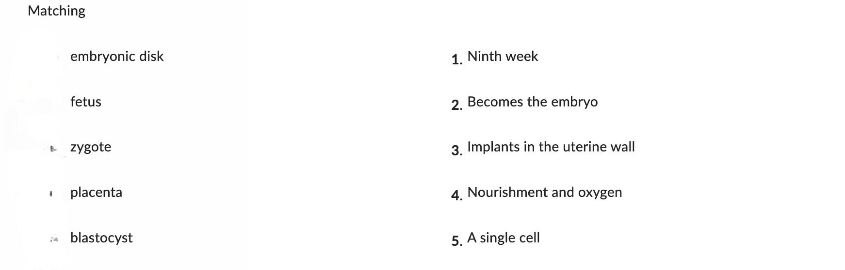 Solved Matching embryonic disk fetus zygote placenta | Chegg.com