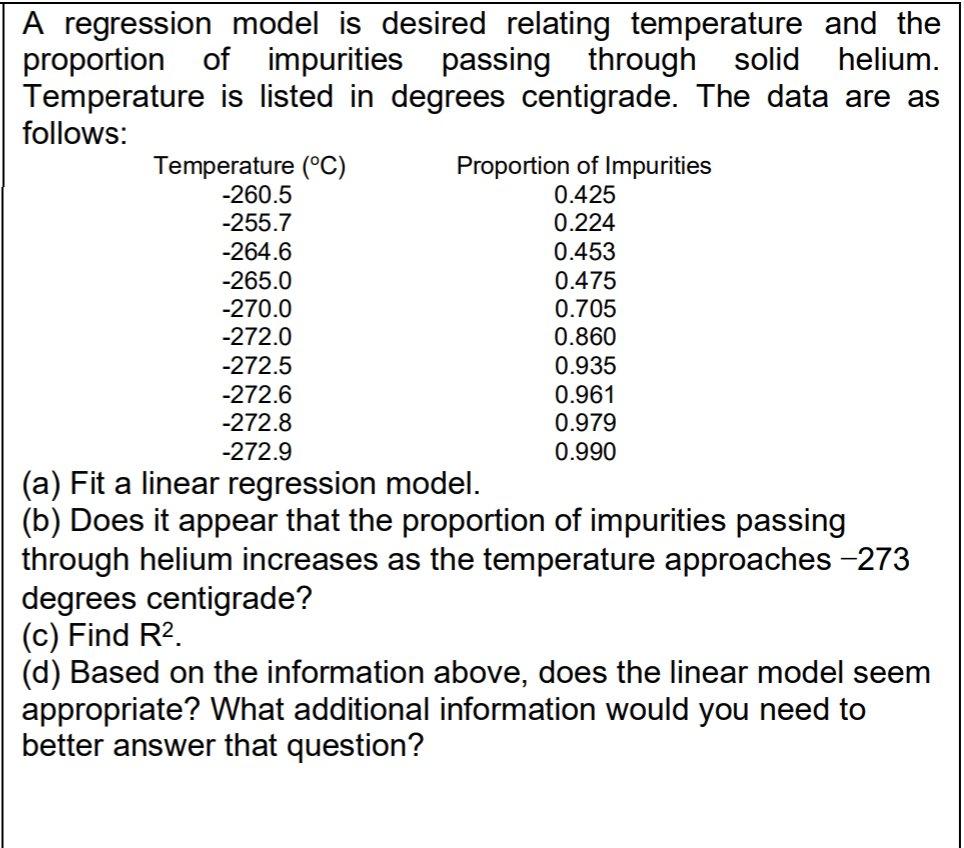 Solved A regression model is desired relating temperature | Chegg.com