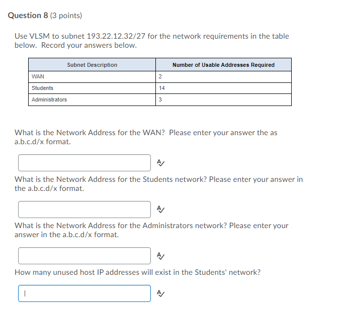 Solved Question 8 (3 points) Use VLSM to subnet | Chegg.com