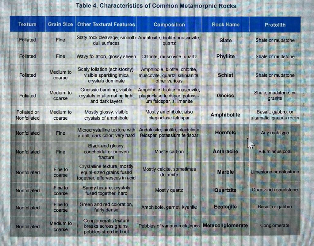 Solved EXERCISE 1: METAMORPHIC ROCK IDENTIFICATION In this | Chegg.com