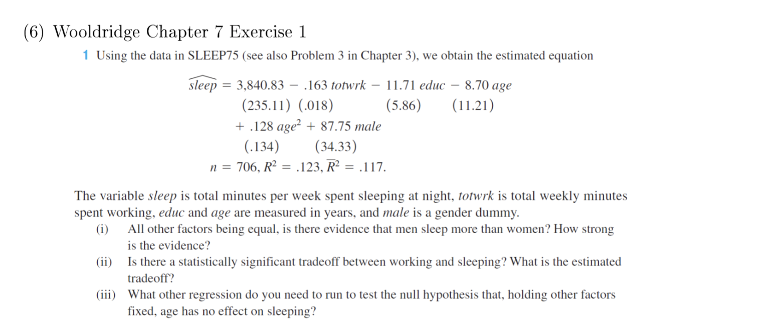 (6) Wooldridge Chapter 7 Exercise 1 1 Using the data | Chegg.com