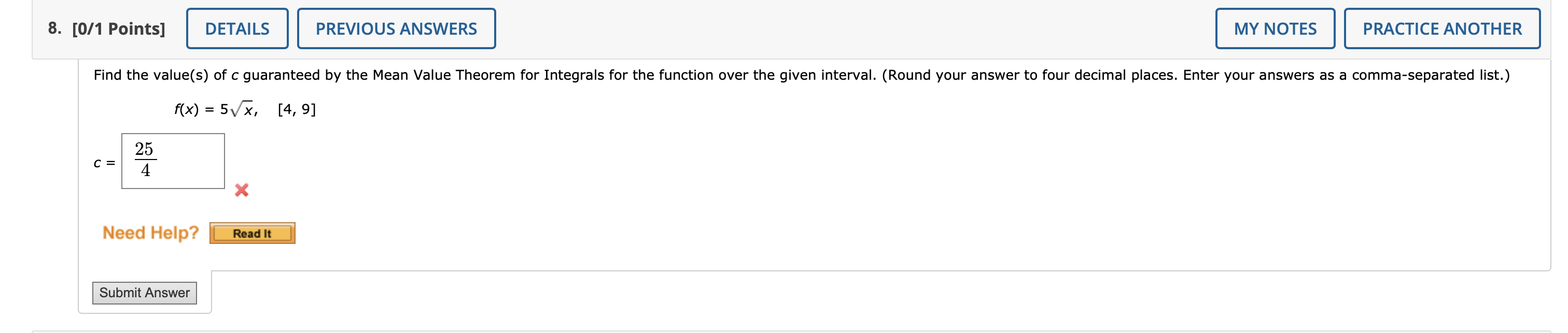 Solved [0/1 ﻿Points]f(x)=5x2,[4,9]c=Need Help | Chegg.com