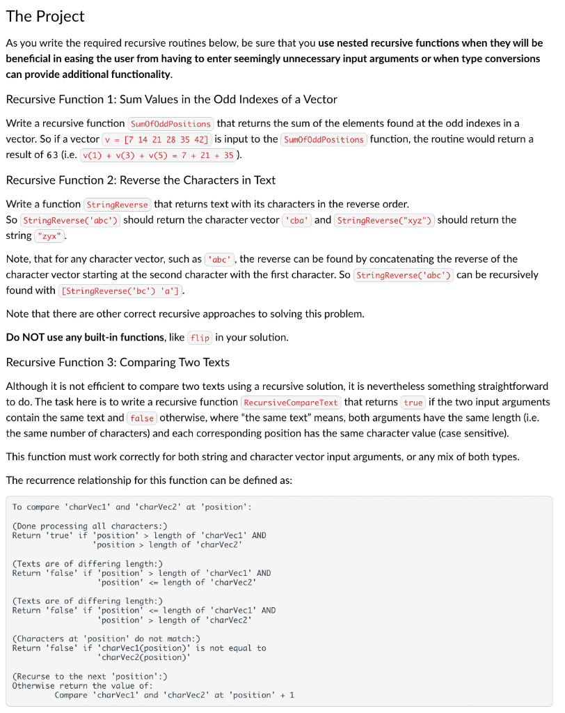 Solved The Project As you write the required recursive | Chegg.com