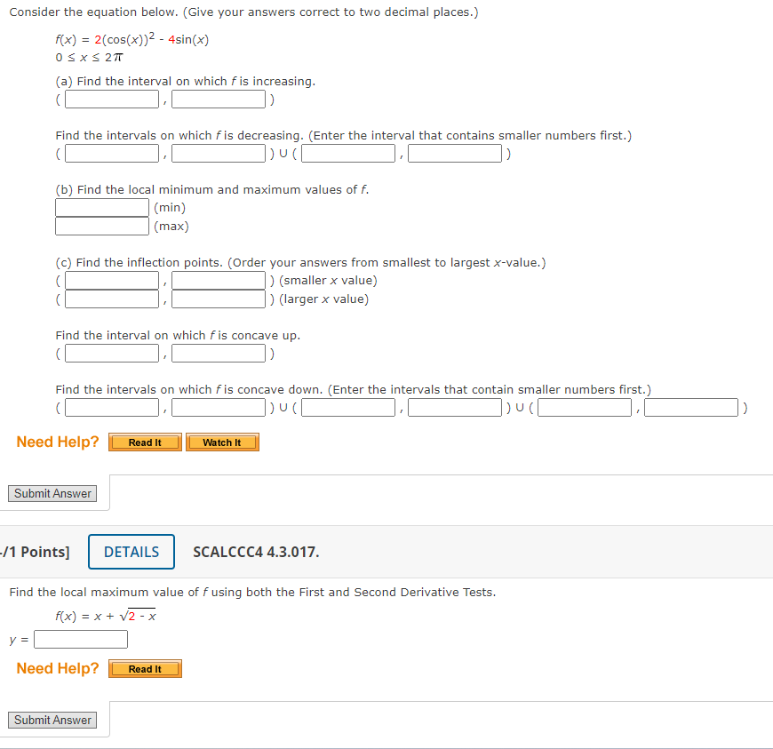Solved Consider the equation below. (Give your answers | Chegg.com