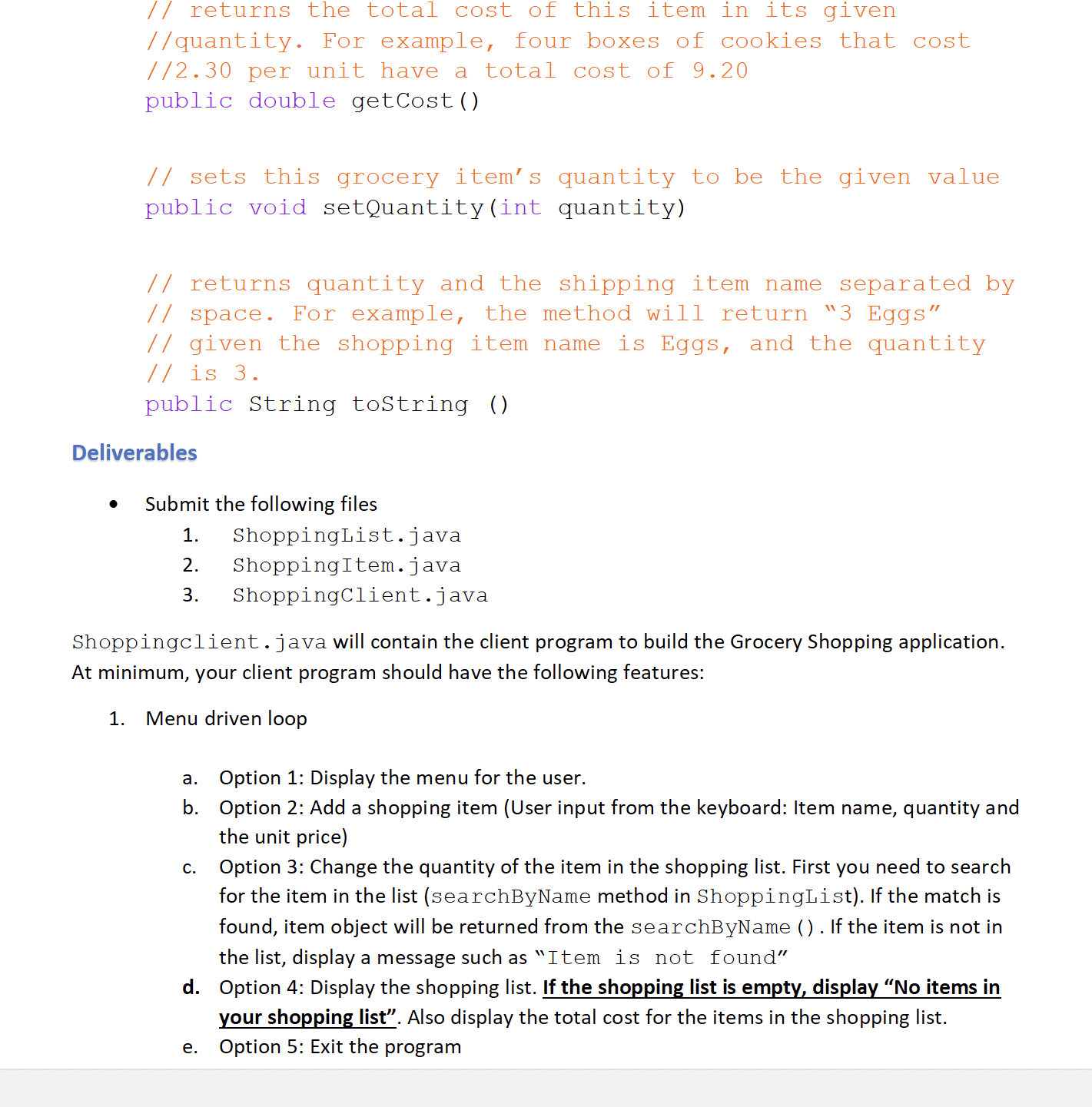 ShoppingList class should have the following methods | Chegg.com