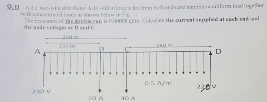 Solved Q. IIA d.c. two-wire distributor A-D. 400 m long is | Chegg.com