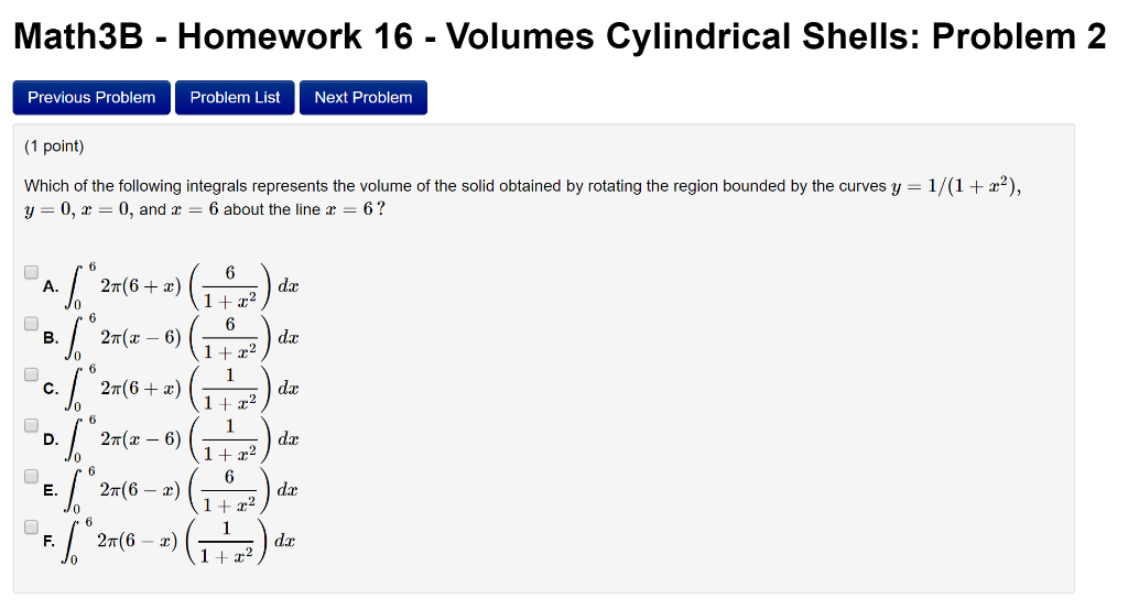 Solved Math3B - Homework 16 - Volumes Cylindrical Shells: | Chegg.com