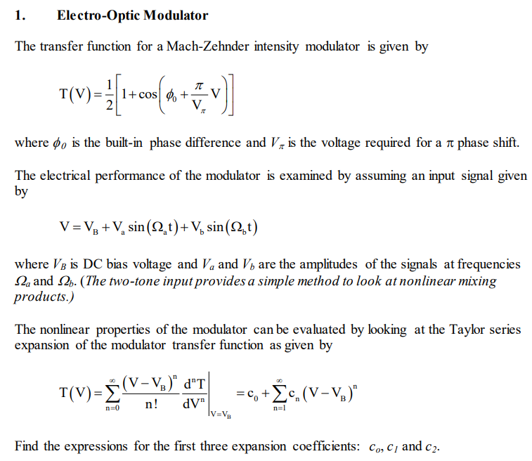 Solved Electro-Optic Modulator The transfer function for a | Chegg.com